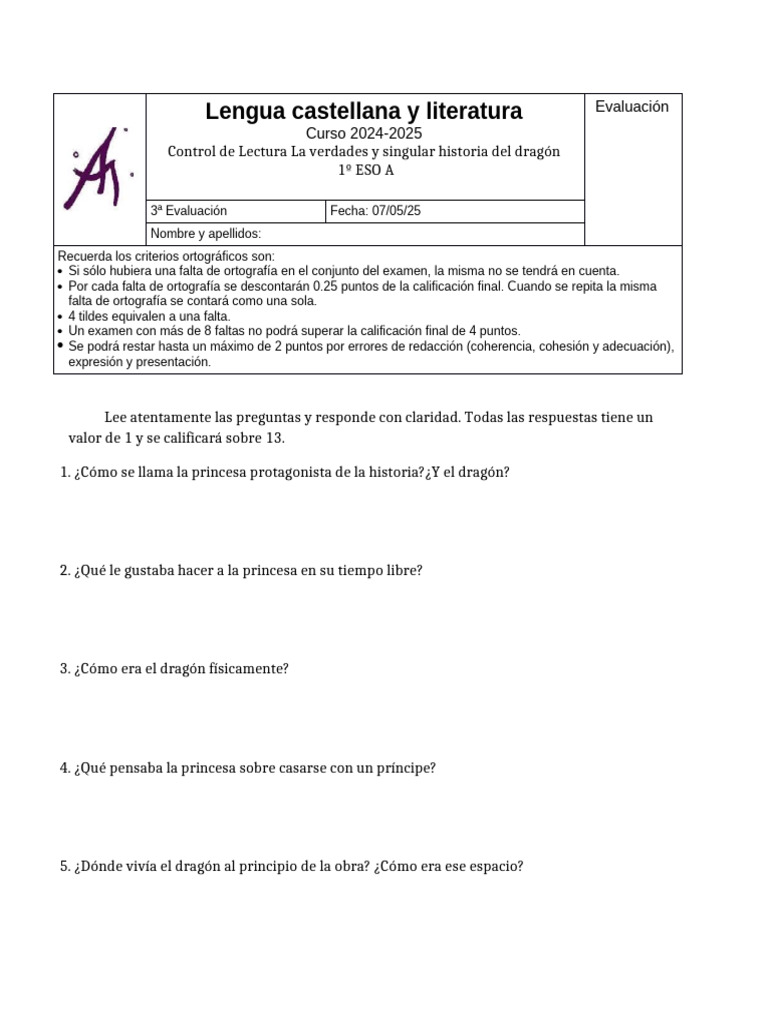 Control Lectura Princesa y Dragon | PDF