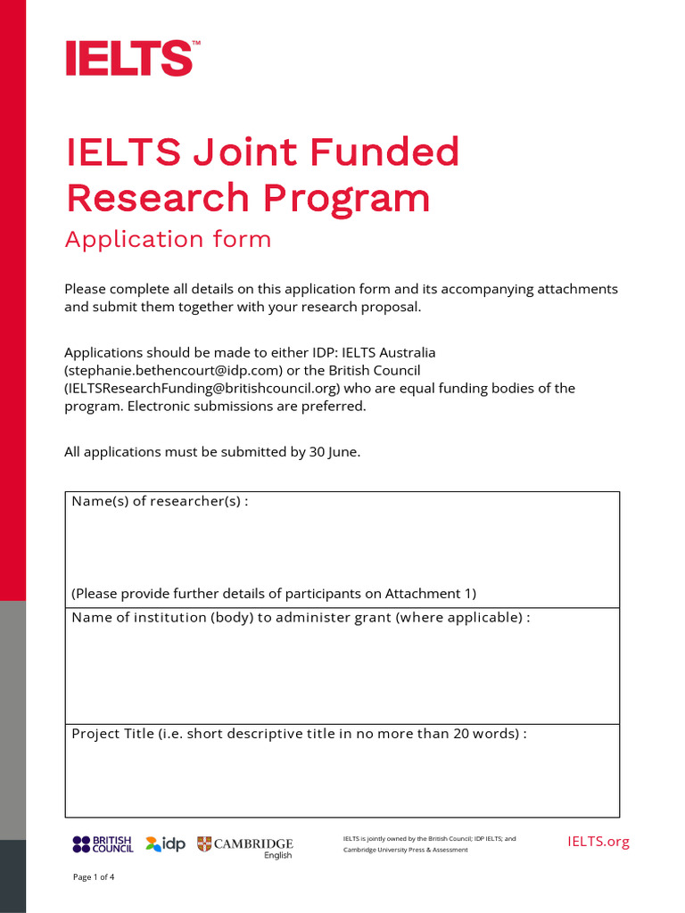 IELTS Joint Funded Research Program Application Form | PDF | International English Language ...