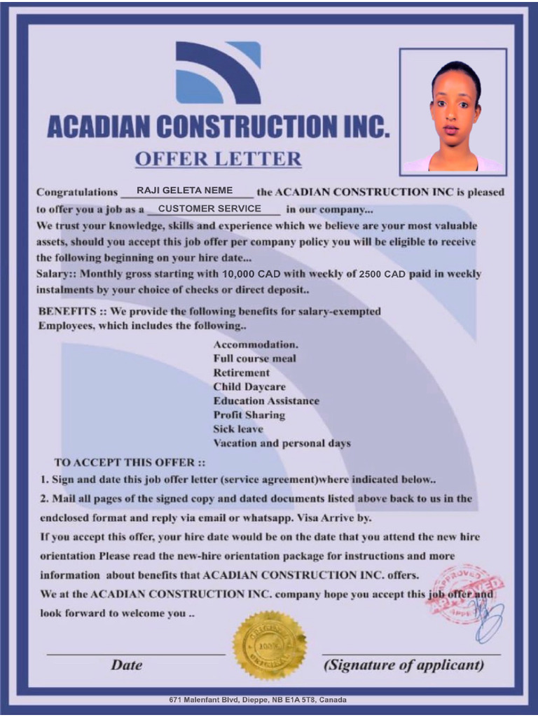 Raji Geleta Neme Offer Letter | PDF