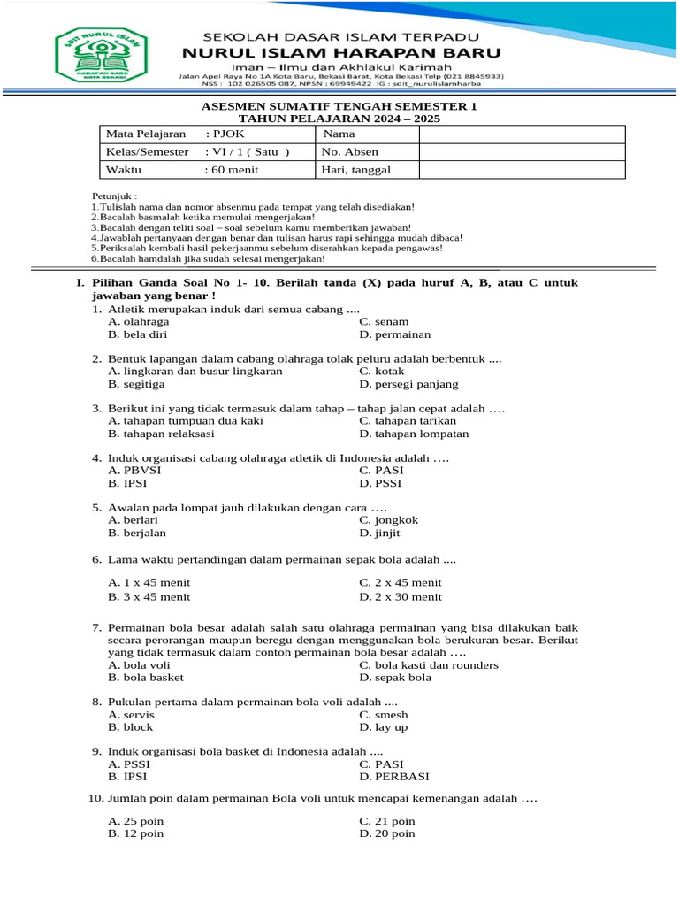 Soal Pjok Asts 1 Kelas 6 24.25 | PDF