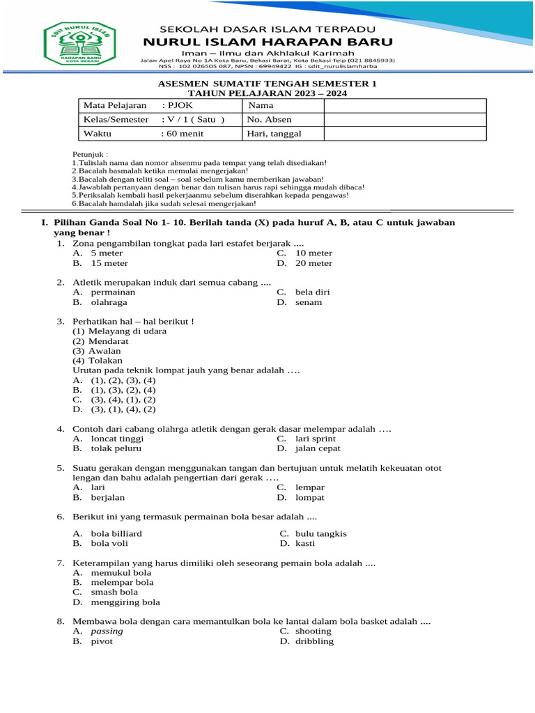 Soal Pjok Asts 1 Kelas 5 24.25 | PDF