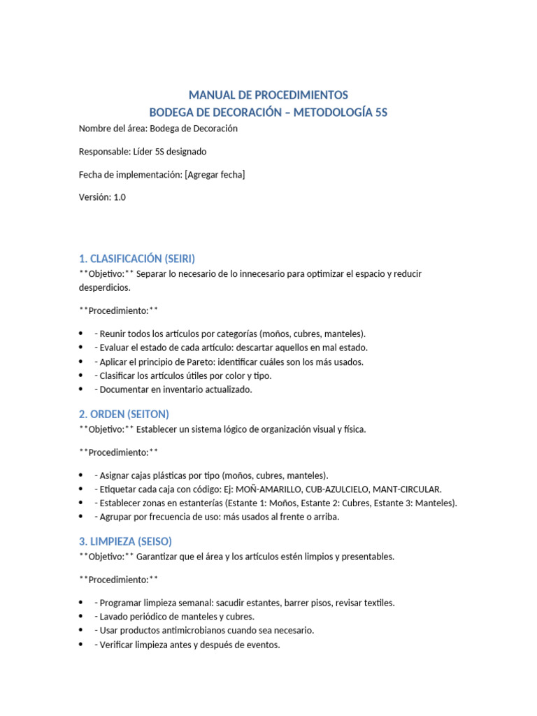 Manual Procedimientos 5S Bodega | PDF