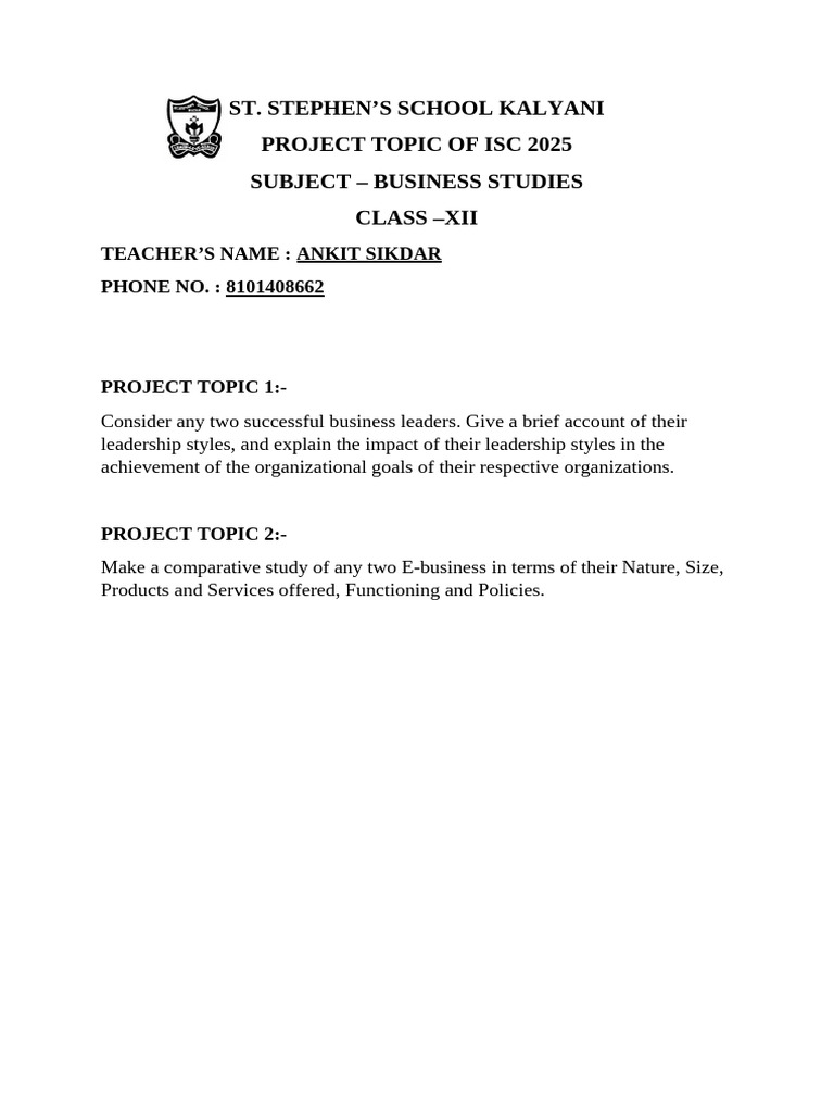 ISC 2025 Business Studies Projects | PDF