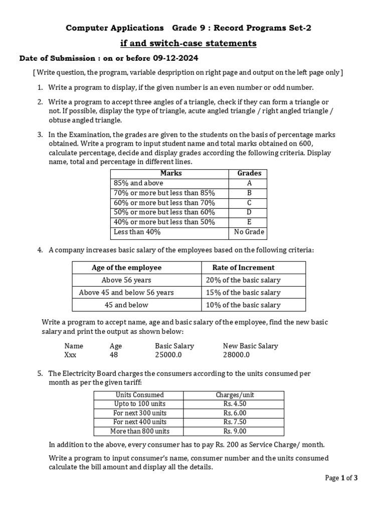 If and Switch-Case Statements: Computer Applications Grade 9: Record Programs Set-2 | PDF | Area ...