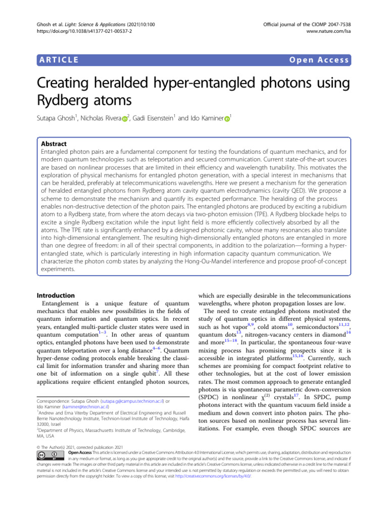 Creating Heralded Hyper-Entangled Photons Using Rydberg Atoms | PDF ...