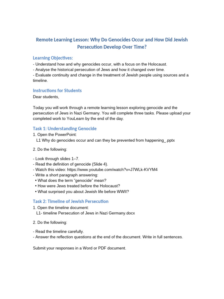 Remote Lesson Genocide Jewish Persecution | PDF