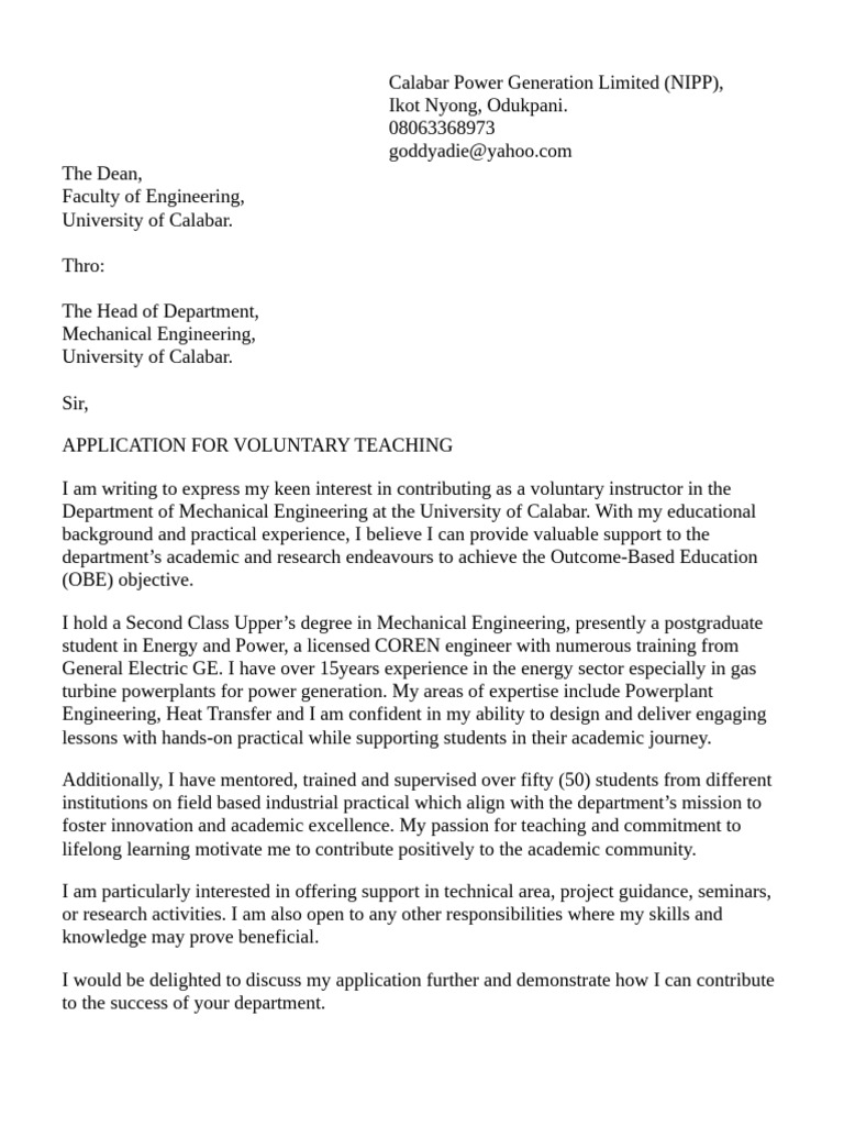 Voluntary Teaching Application in Engineering | PDF