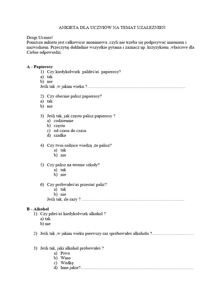 Ankieta Dla Uczniow Na Temat Uzaleznien | PDF