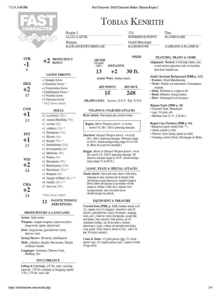 Fast Character - D&D Character Maker - Human Rogue 2 | PDF | Dungeons ...