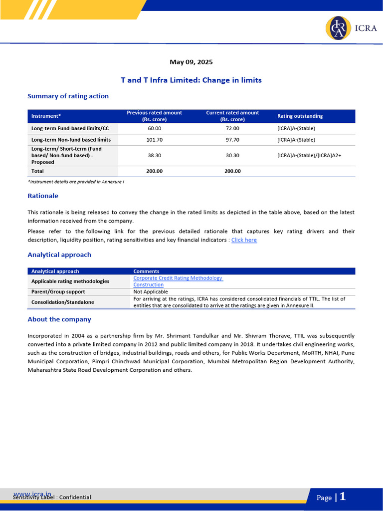 T and T Infra Limited Rating Update | PDF | Credit Rating Agency | Business