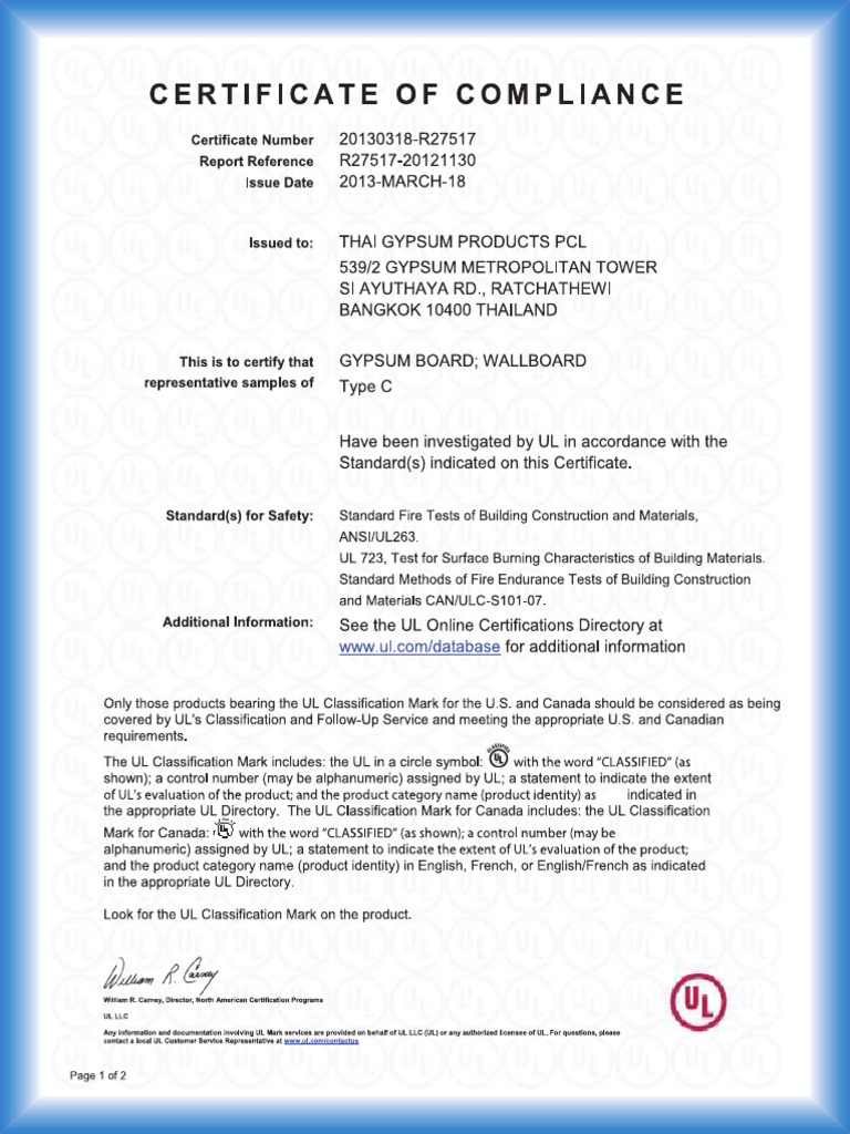 Product UL Certificate (Thai Gypsum Products PCL - 250417 - 134004 | PDF