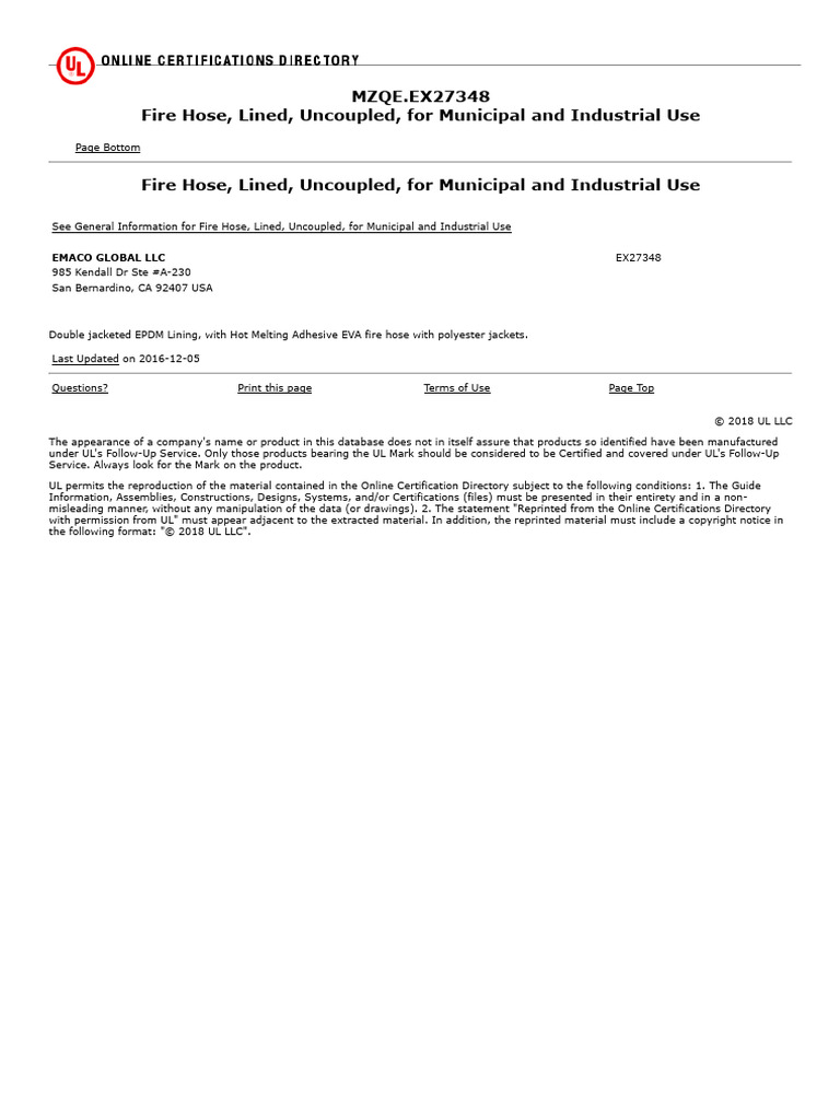 UL Certificate For EMACO Fire Hose Double Jacket 1 | PDF