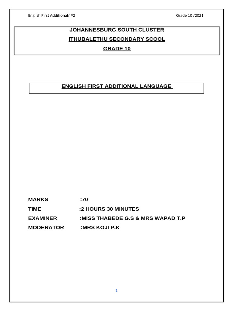 Ithubalethu Secondary Scool English P2 2 | PDF