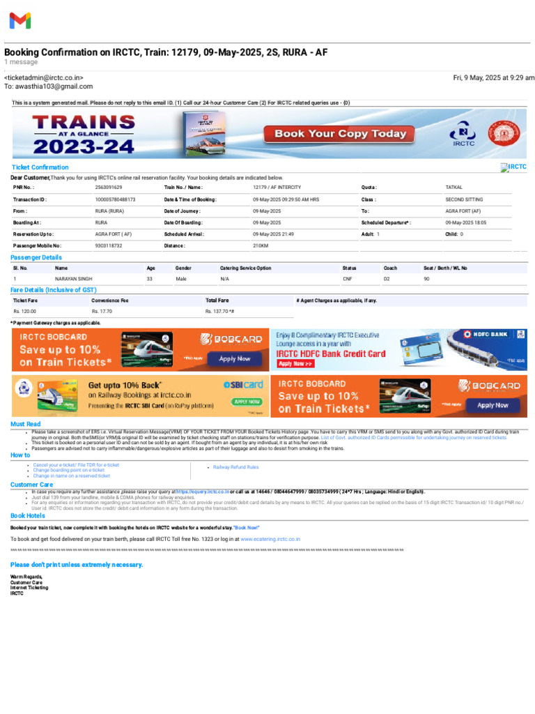 Gmail - Booking Confirmation On IRCTC, Train - 12179, 09-May-2025, 2S ...