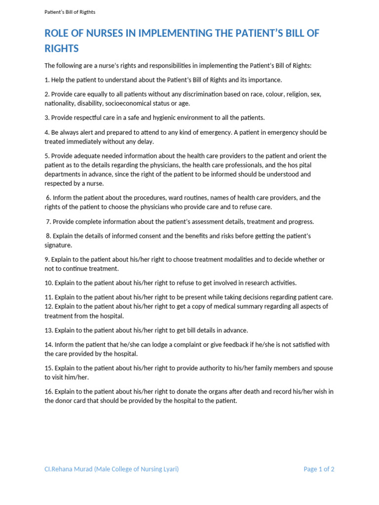Nurse Responsibilities in Patient Rights | PDF | Patient | Hospital