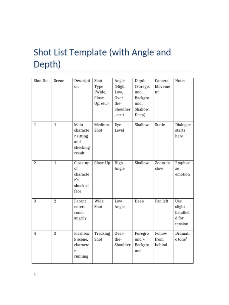 Shot List Template With Angle and Depth | PDF