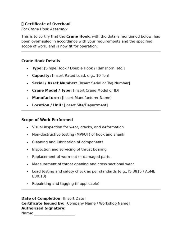 Crane Hook Overhaul Certificate | PDF