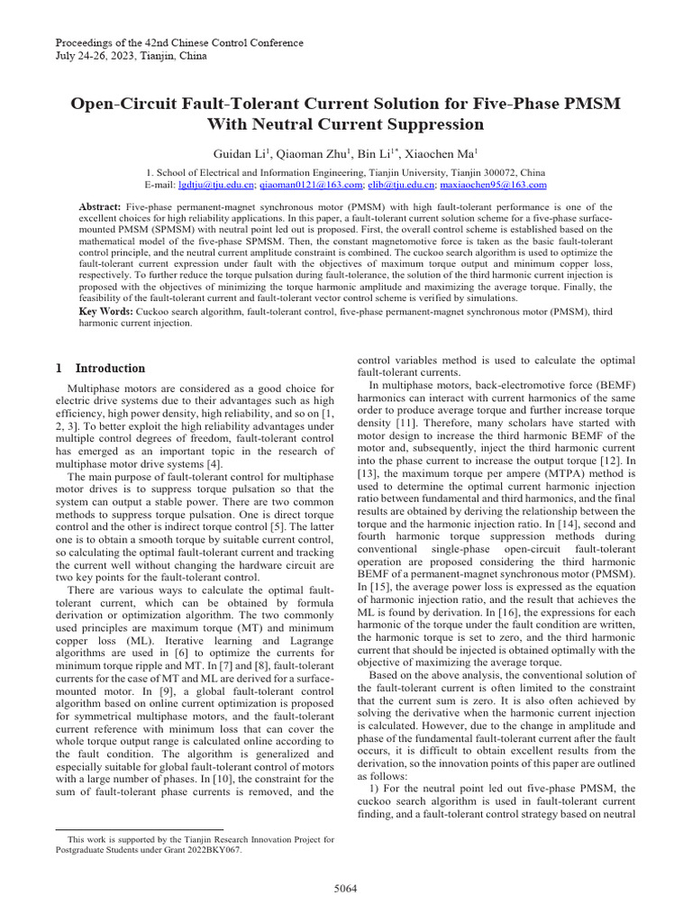 Open-Circuit Fault-Tolerant Current Solution For Five-Phase PMSM With Neutral Current ...