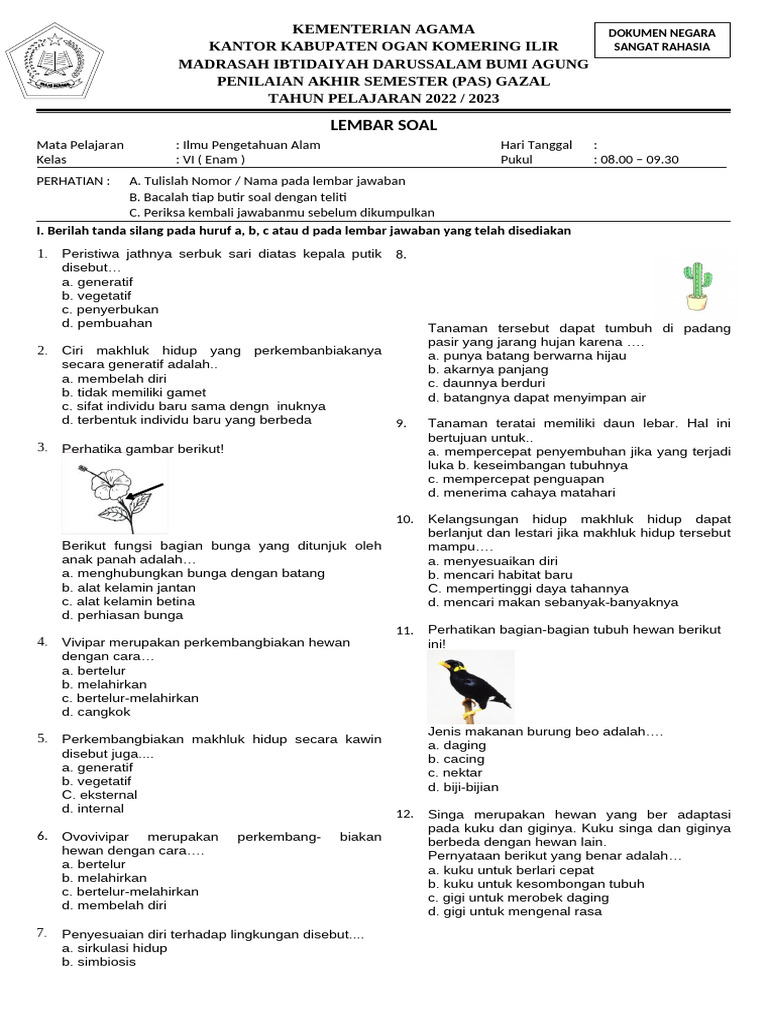 SOAL IPA PAS KELAS 6 GAZAL 2022 | PDF