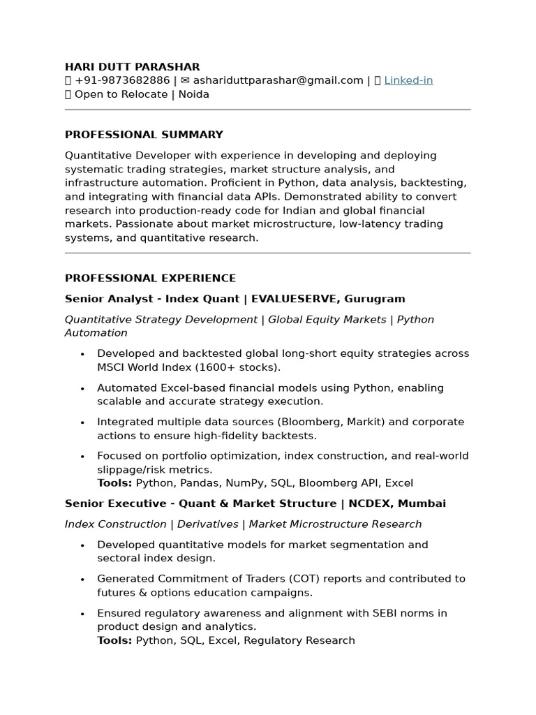 HariDuttParashar Resume QuantDeveloper Stokhos | PDF | Computing | Business
