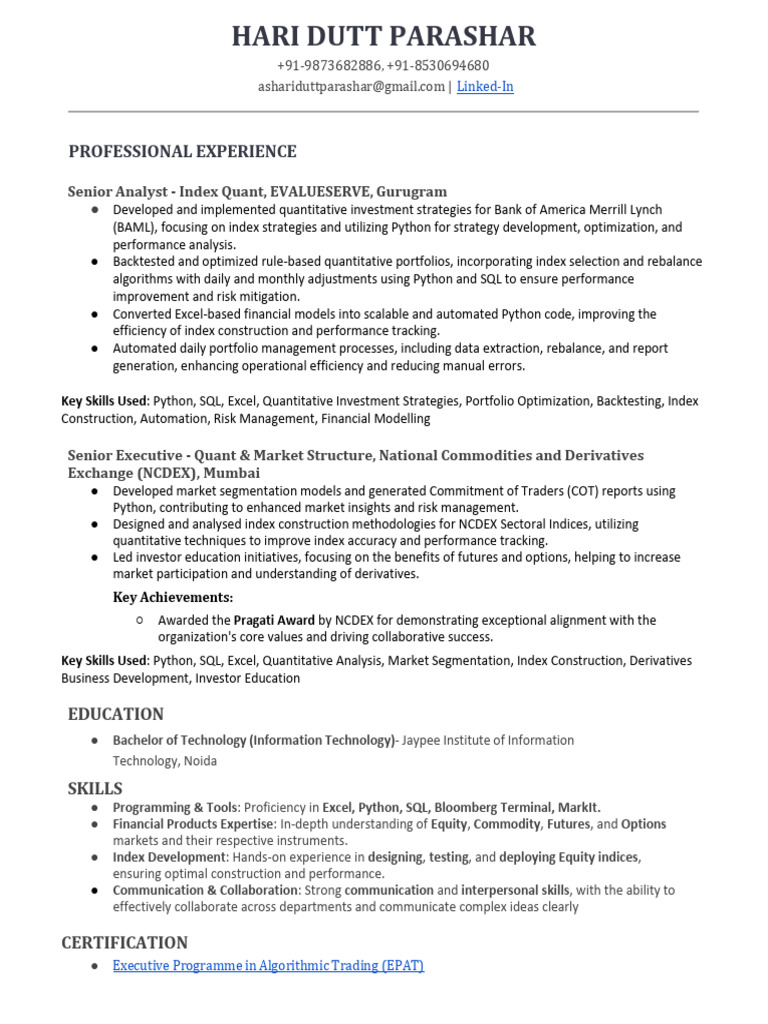 Quant Resume HariDuttParashar | PDF | Financial Modeling | Business
