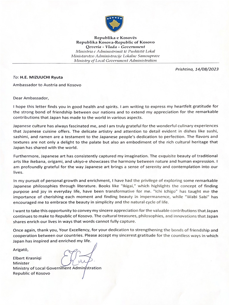Letter From Minister Elbert Krasniqi To H.E MIZUUCHI Ryuta | PDF