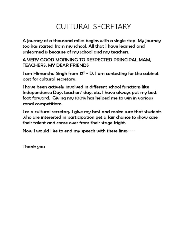 Speech for Cultural Secretary Election | PDF