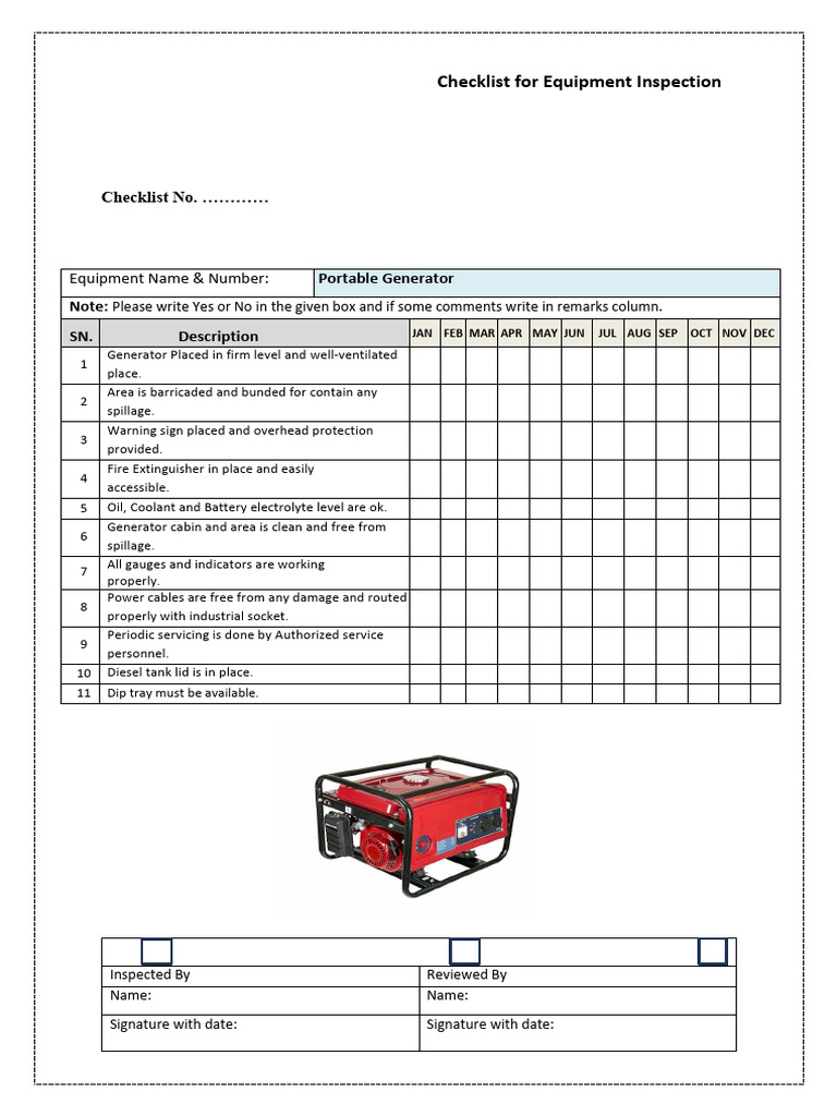 Checklist for Equipment Inspection Generator | PDF