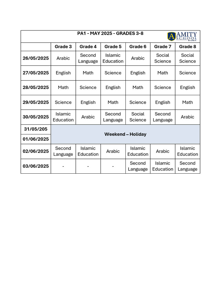 GR 6-8 Date Sheet - PA1 - 2025-2026 | PDF