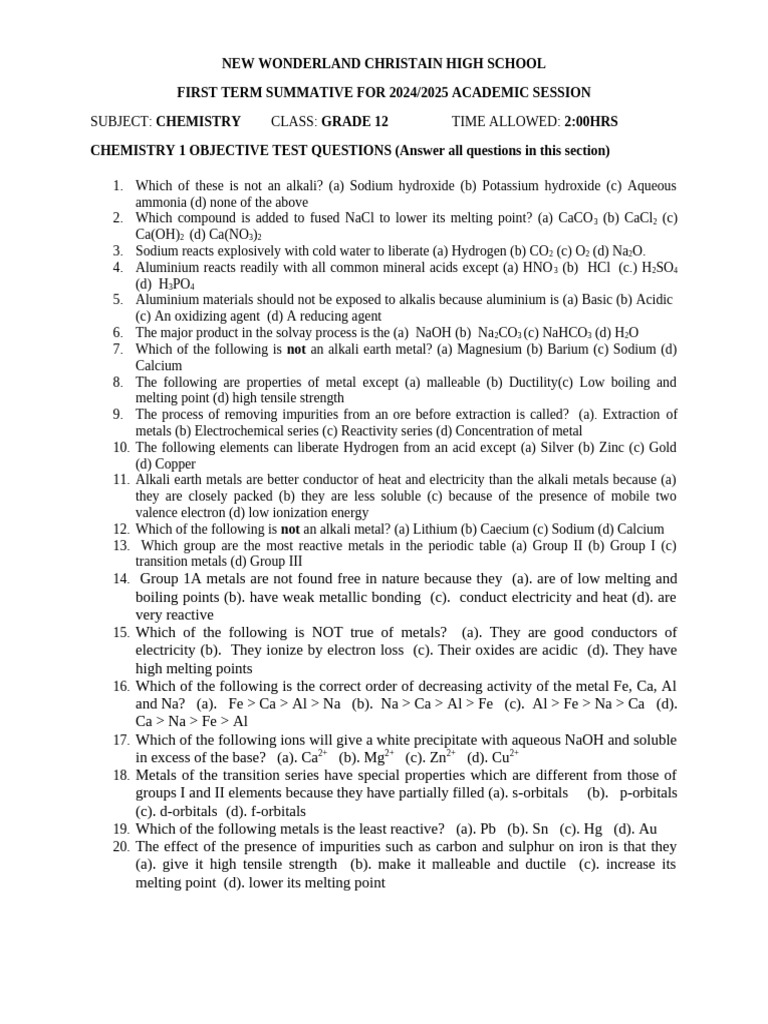 Grade 12 Chemistry Summative Exam 2024 | PDF | Sodium | Calcium