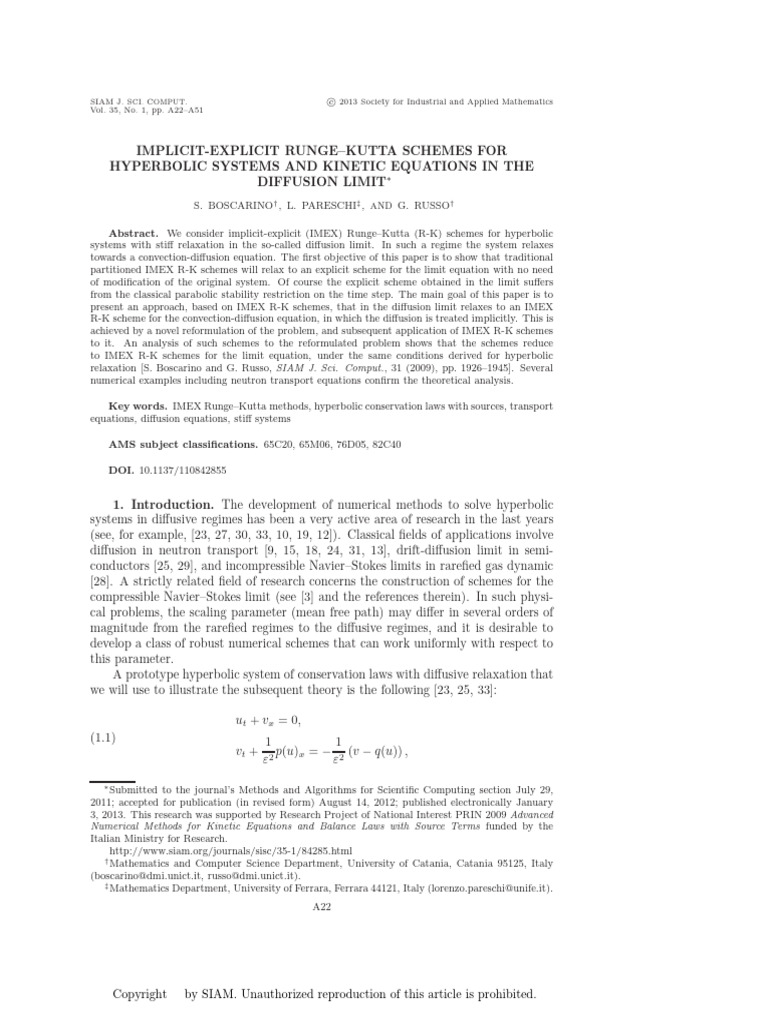 ImEx RK Schemes For Hyperbolic System and Kinetics Equation in The Diffusion Limit Bscarino ...