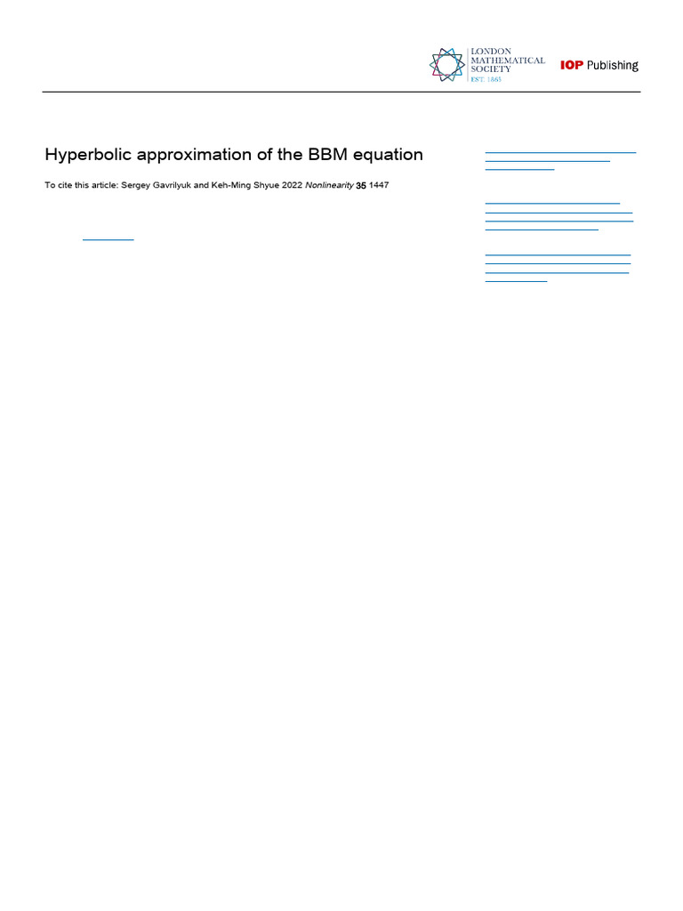 Hyperbolic Approximation of The BBM Equation | PDF | Lagrangian Mechanics | Partial Differential ...