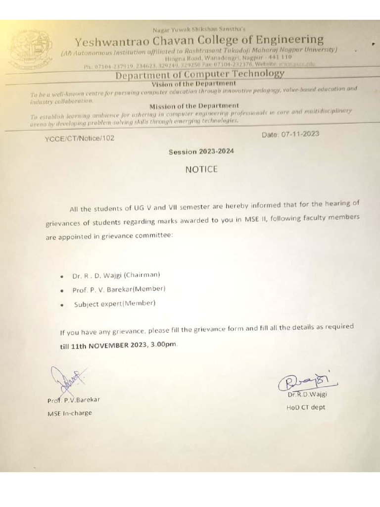 MSE-2 Grievance Notice 5th 7th SEM | PDF