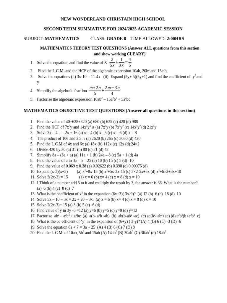 G8 2ND Mathematics Summative | PDF | Mathematics | Algebra