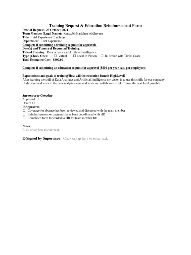 Training Request & Education Reimbursment Form | PDF