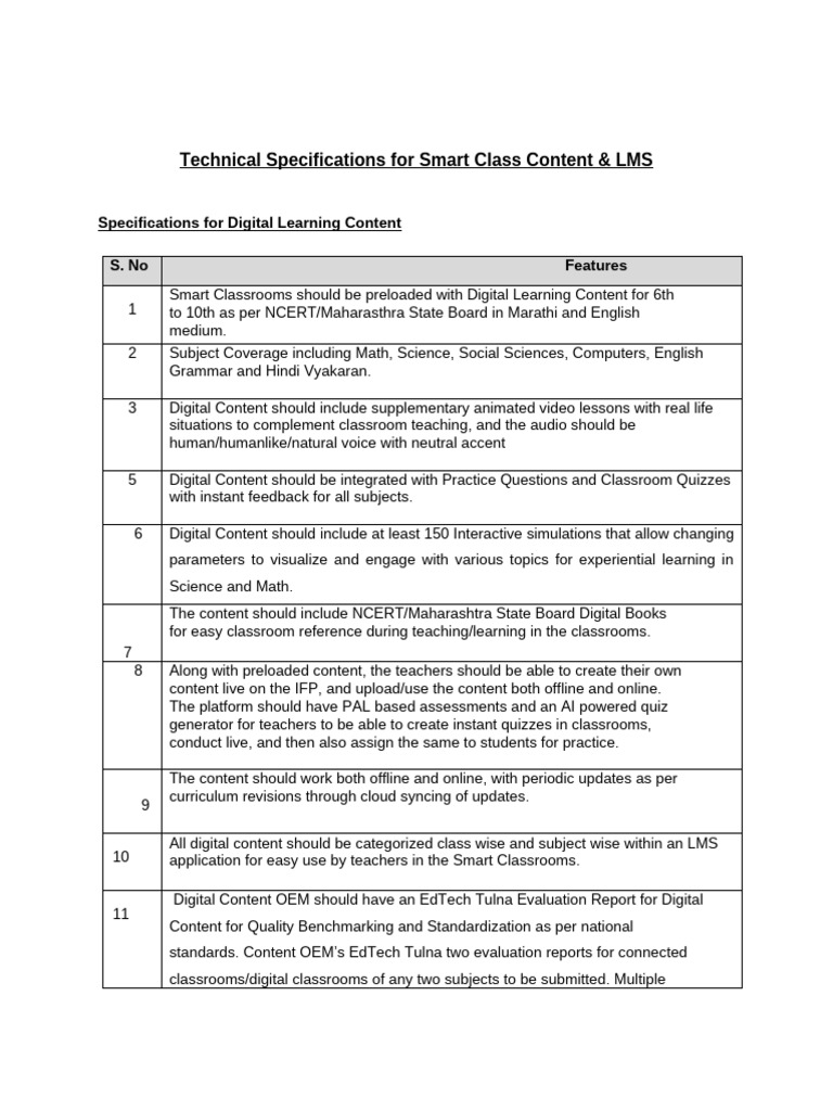 Specs for Digital Content, LMS for Smart Classrooms - Maha 5X Ventures April 2025 (1) | PDF ...