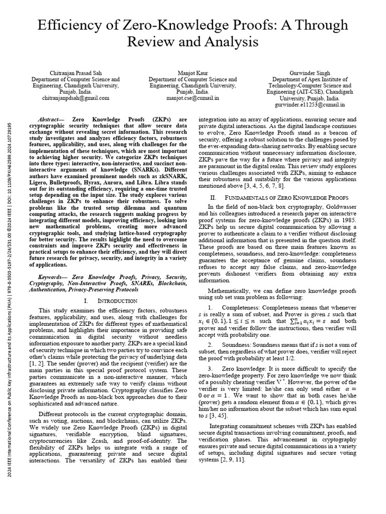 Efficiency of Zero-Knowledge Proofs A Through Review and Analysis | PDF | Time Complexity ...