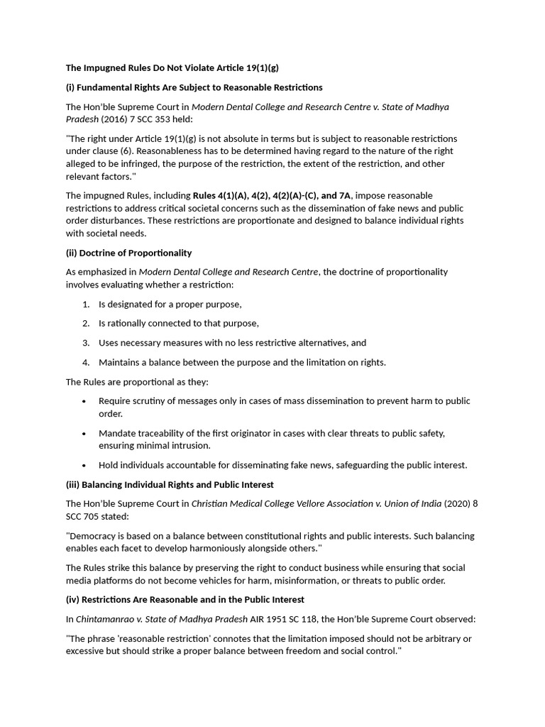The Impugned Rules Do Not Violate Article 19 | PDF | Supreme Court Of ...