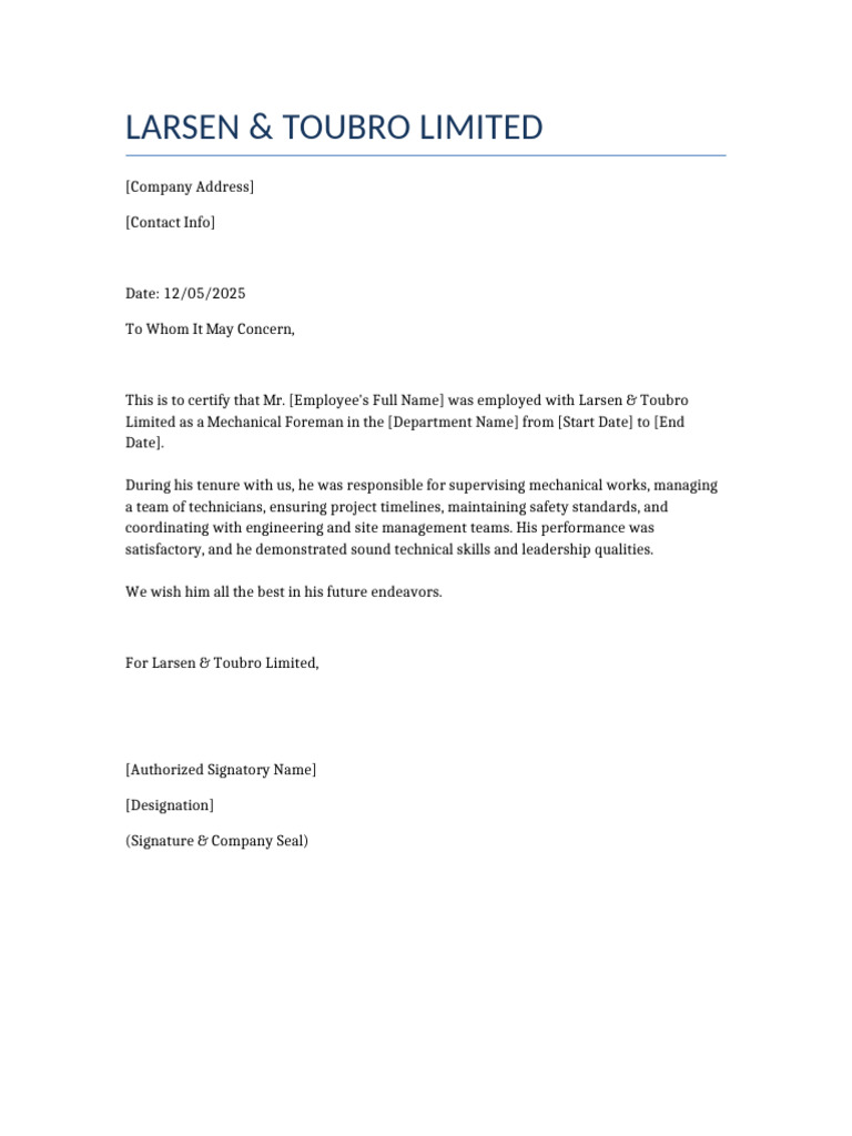 Mechanical Foreman Experience Certificate LNT | PDF
