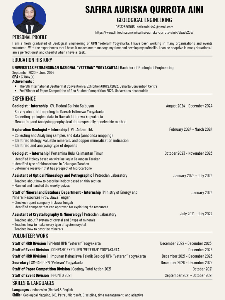 CV - Safira Auriska Qurrota Aini | PDF | Geology | Earth Sciences