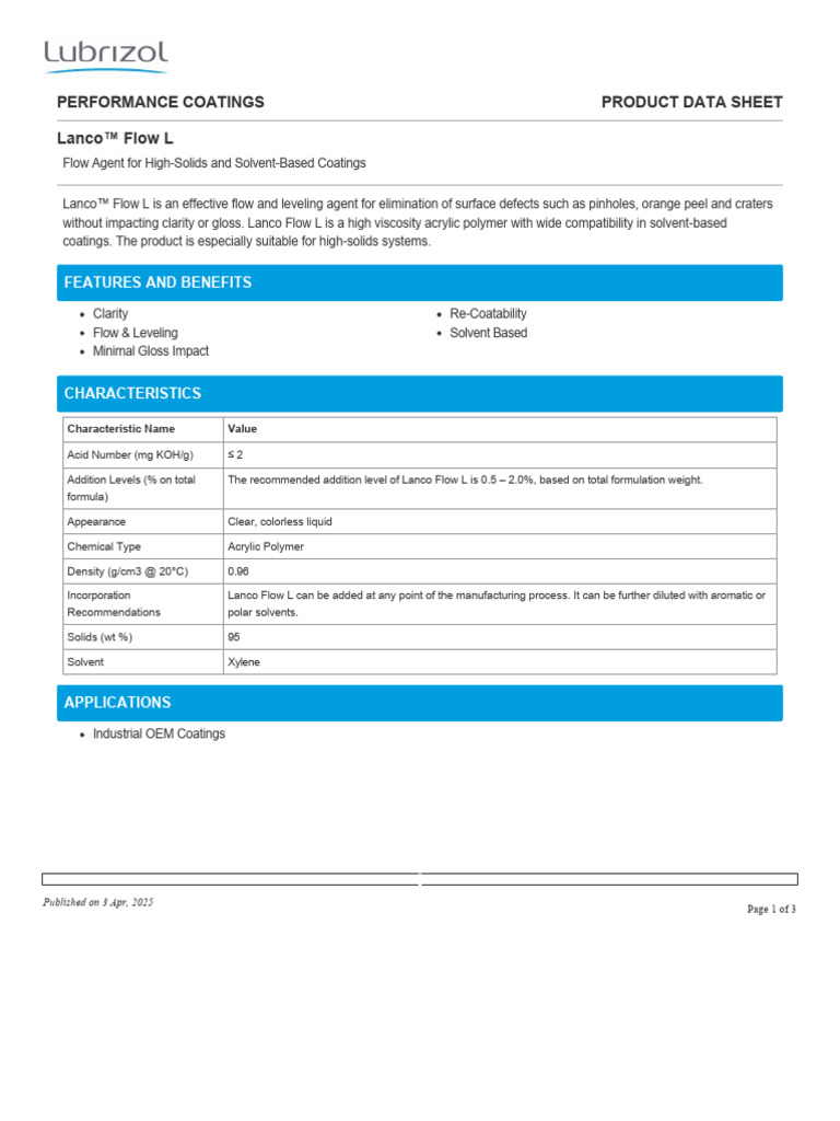 Lanco Flow L: High-Solids Flow Agent | PDF | Poly(Methyl Methacrylate ...