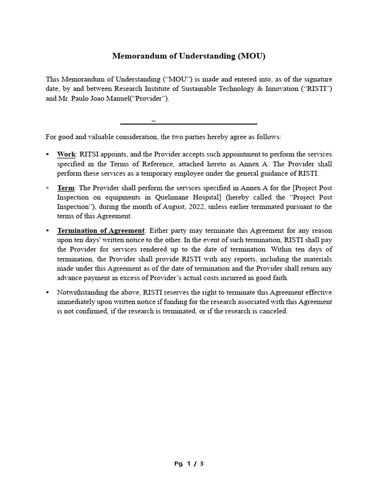 Memorandum of Understanding (MOU) : Section 1 - Specific Terms and ...