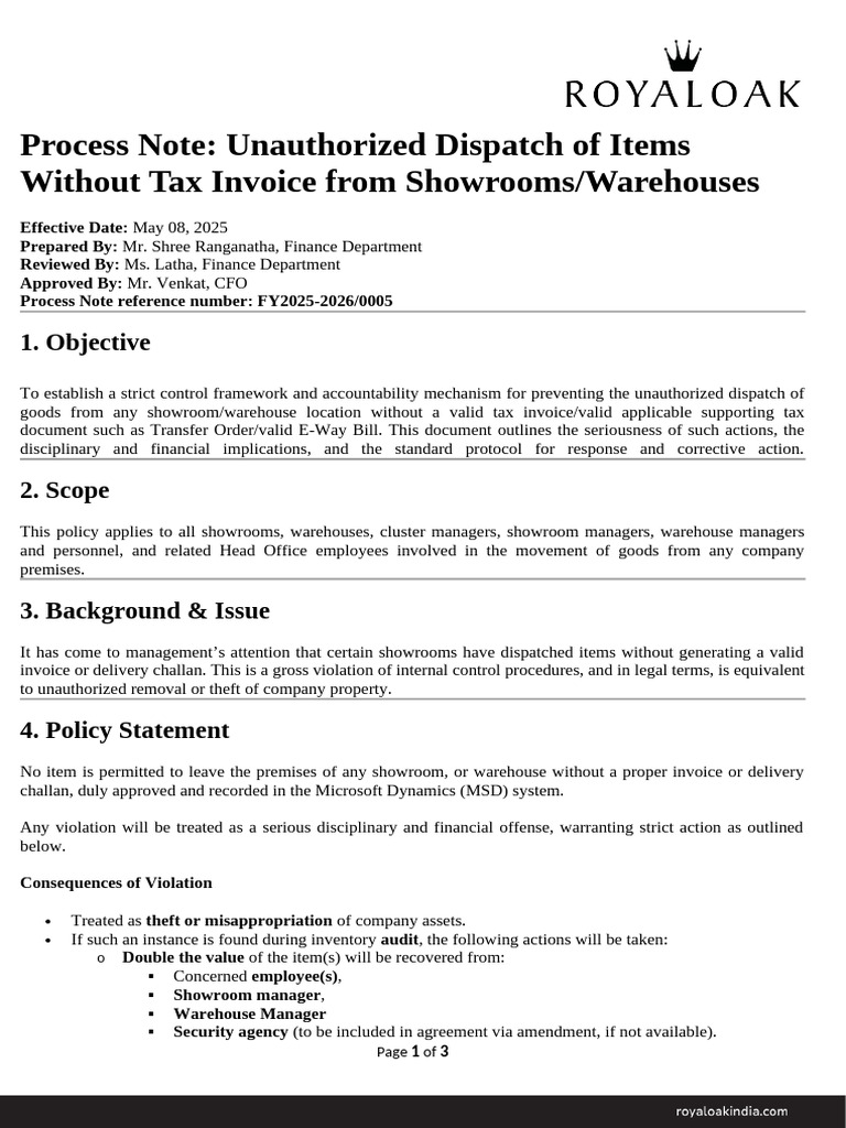 Unauthorized Item Dispatch Policy | PDF | Warehouse | Audit
