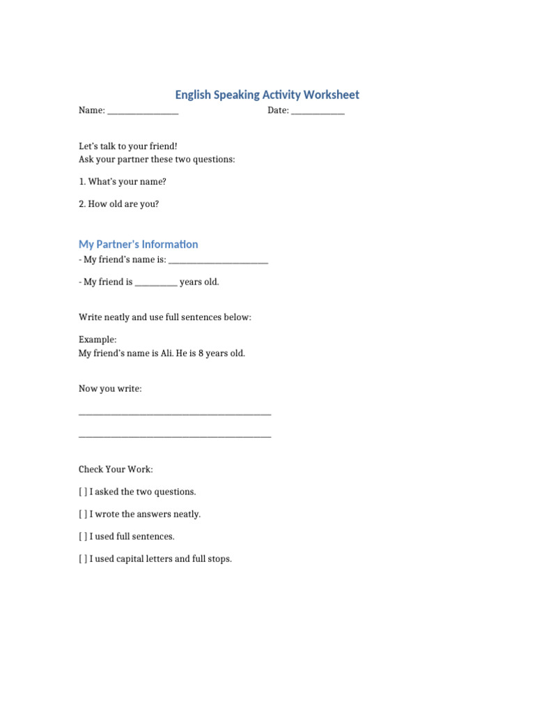 English Speaking Activity Worksheet | PDF