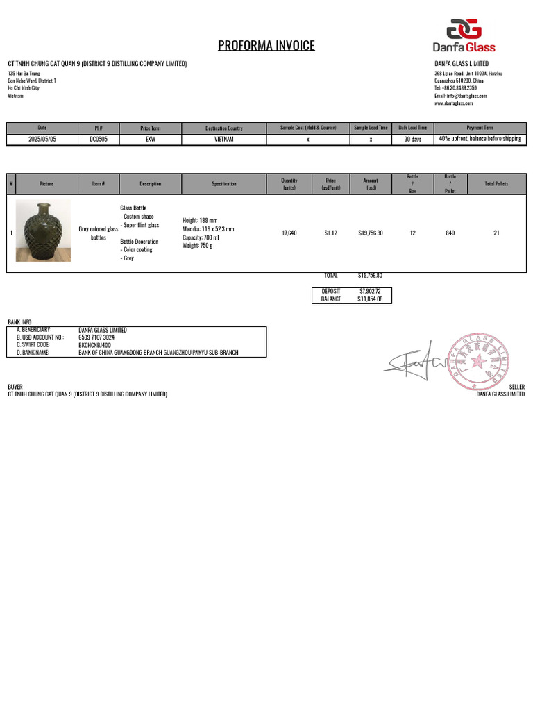 PI Glass Bottle_CT TNHH CHUNG CAT QUAN 9_Danfa Glass_2025 0505 | PDF