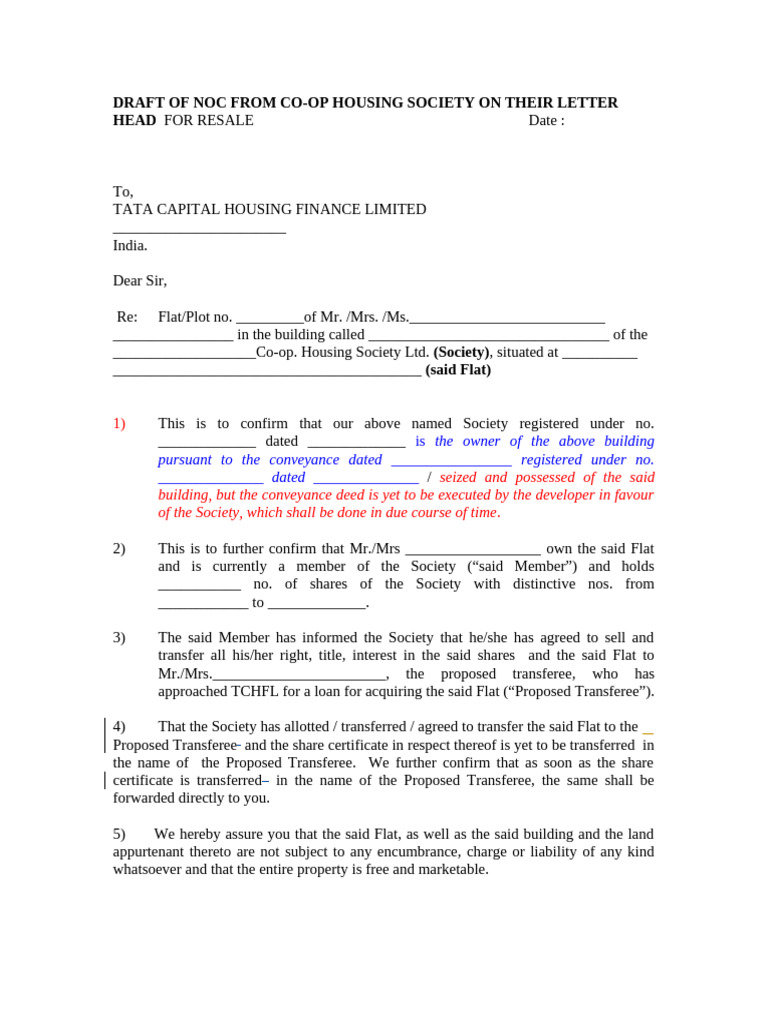 NOC Format for Flat Sale from Society | PDF | Natural Resources Law ...