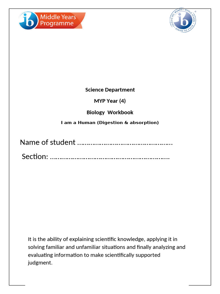 MYP Biology: Digestion & Absorption Workbook | PDF | Digestion | Stomach