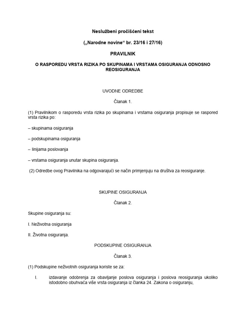 Pravilnik o Rasporedu Vrsta Rizika Osi | PDF