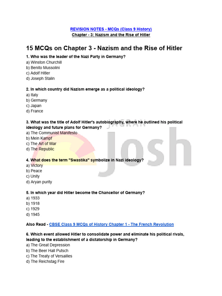 MCQ Hitler's Rise To Power | PDF | Nazi Germany | Adolf Hitler