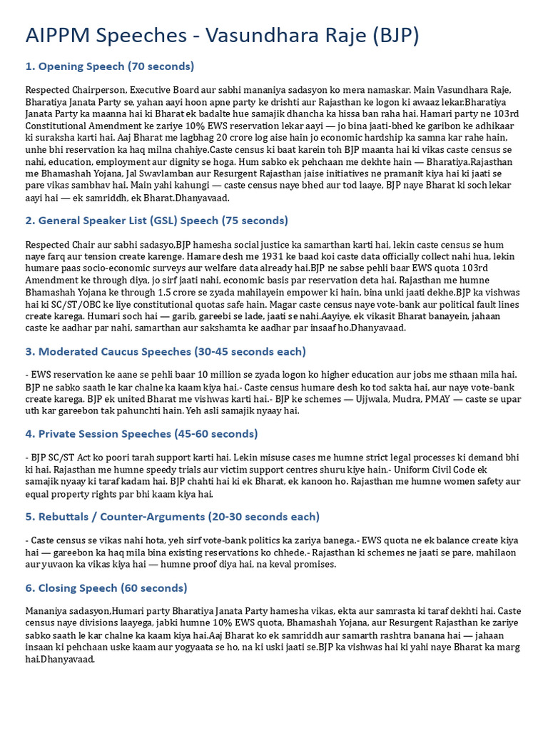 AIPPM Speeches Vasundhara Raje PDF | PDF | Politics Of India | Government Of India